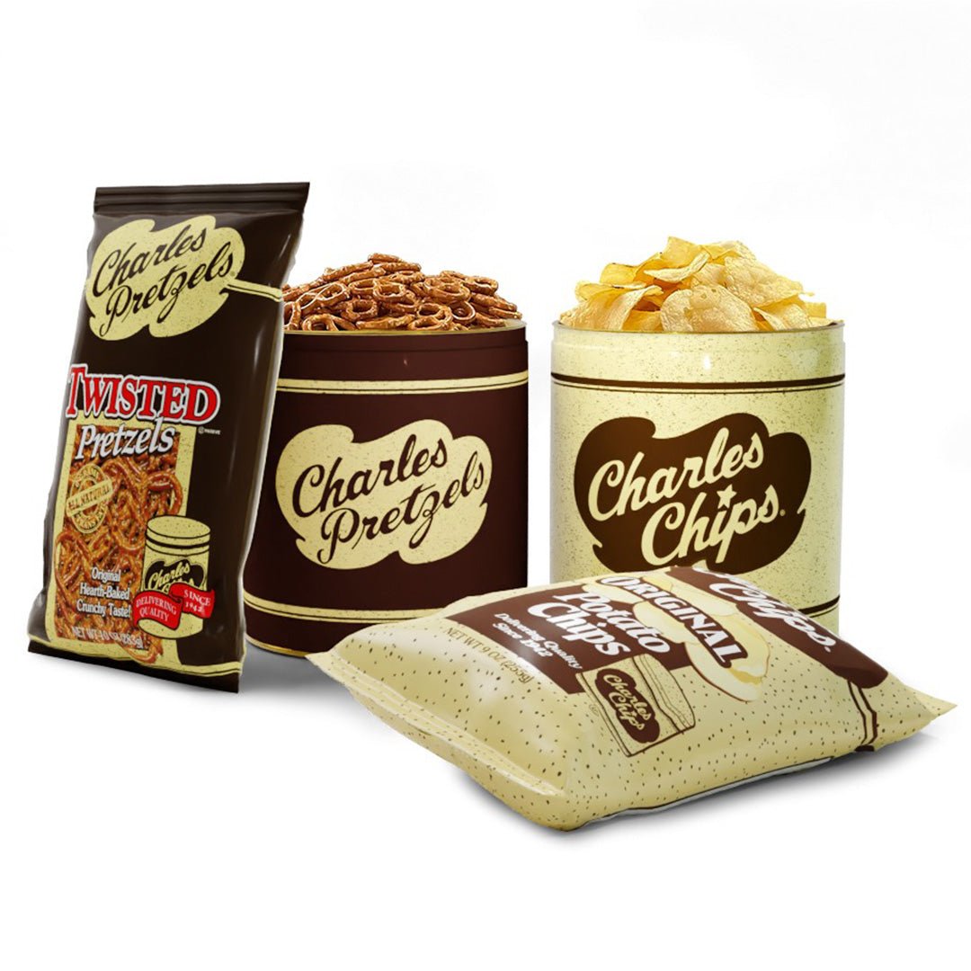 Exclusive Charles Chips Combo: Original & Pretzel Tins with Refill bag