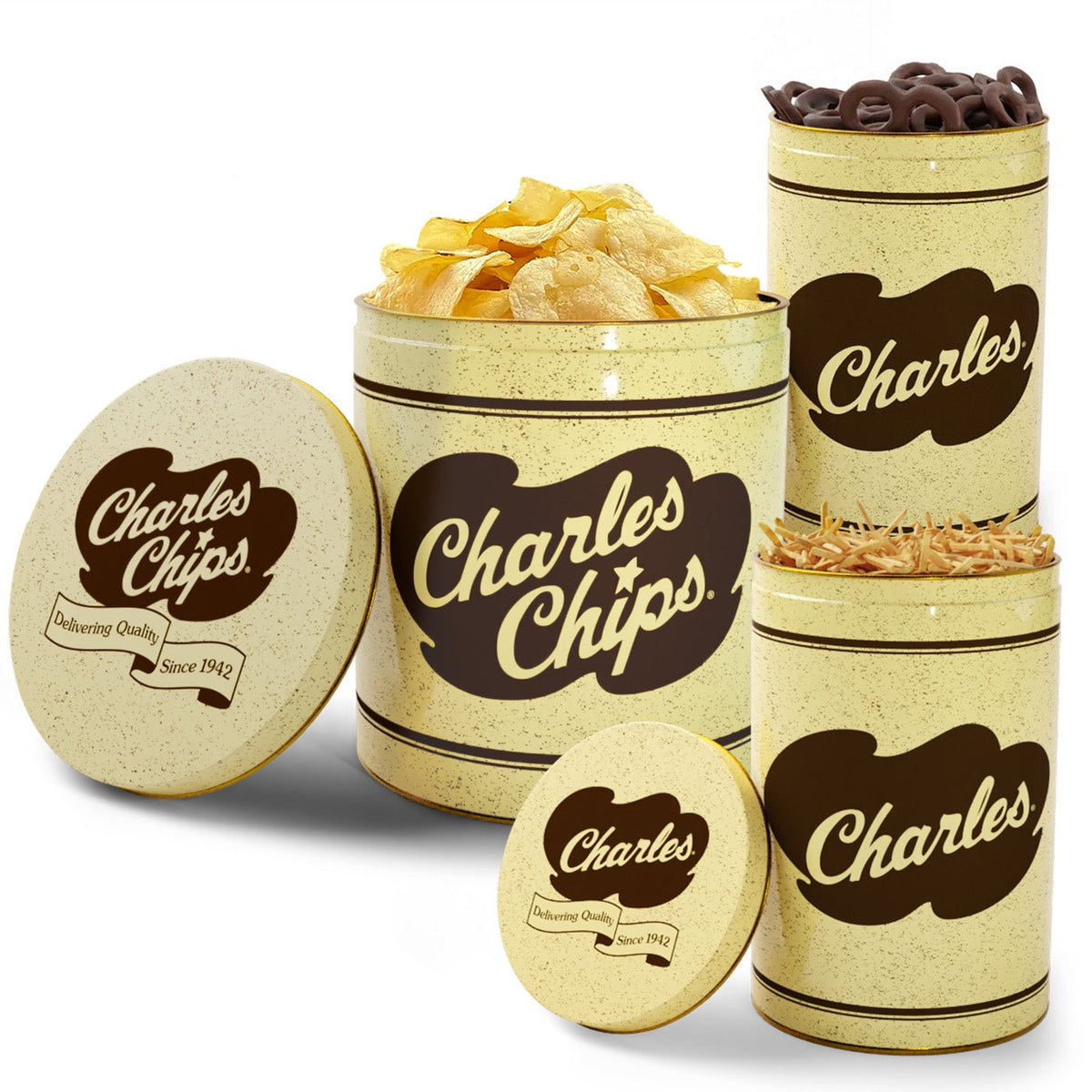 Original Chip tin + Potato Sticks tin (10oz) + Chocolaty Dipped Pretze ...